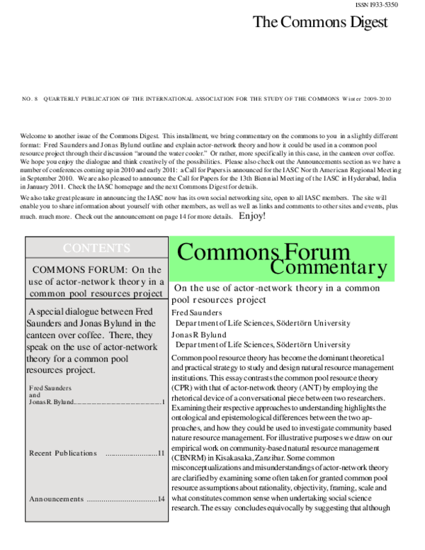 (PDF) On the use of actor-network theory in a common pool resources project