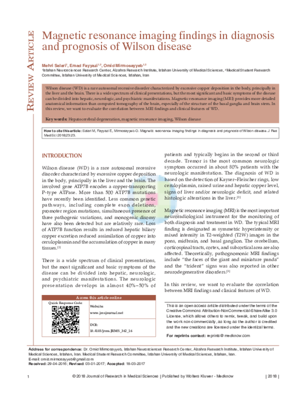 (PDF) Magnetic resonance imaging findings in diagnosis and prognosis of ...