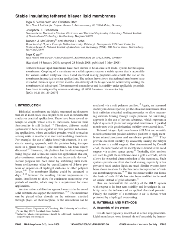 (PDF) Stable insulating tethered bilayer lipid membranes