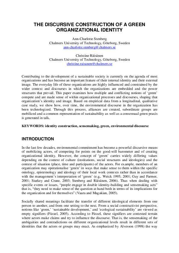 (PDF) The discursive construction of a green organizational identity