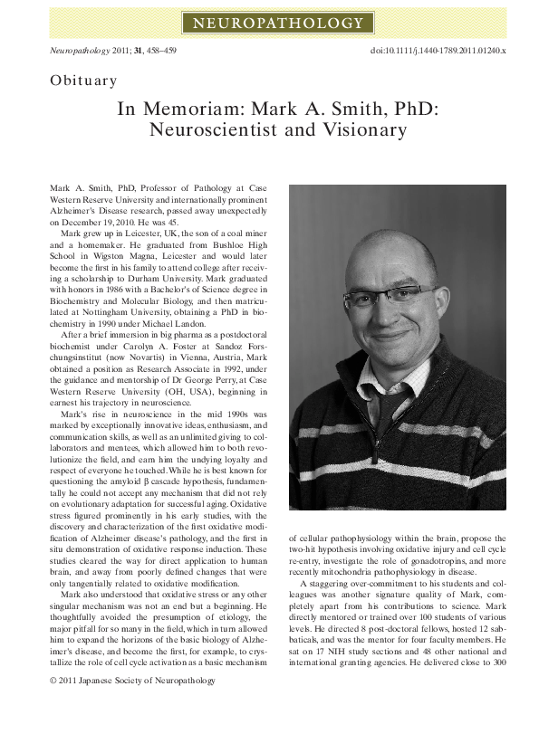 (PDF) In Memoriam: Mark A. Smith, PhD: Neuroscientist and Visionary