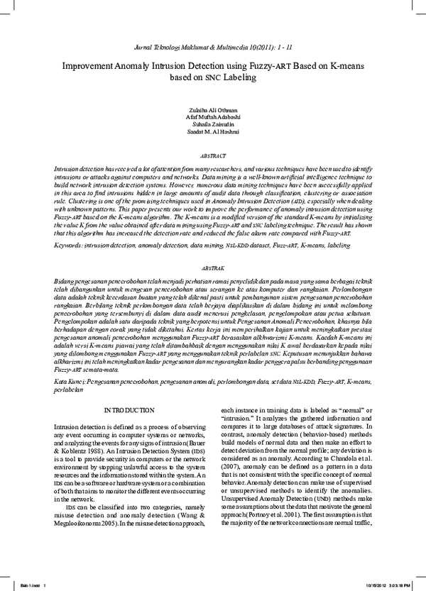 Pdf Improvement Anomaly Intrusion Detection Using Fuzzy Art Based On