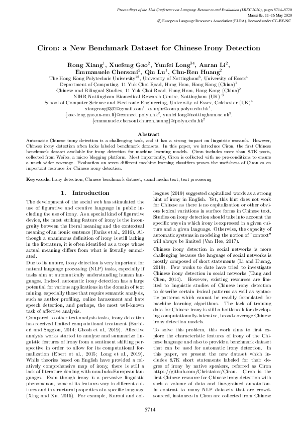 Pdf Ciron A New Benchmark Dataset For Chinese Irony Detection 