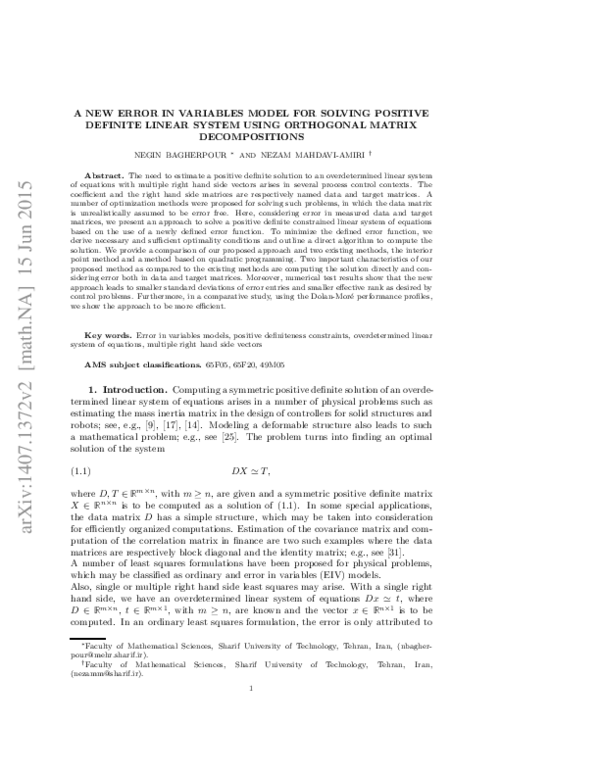 (PDF) A new error in variables model for solving positive definite linear system using ...