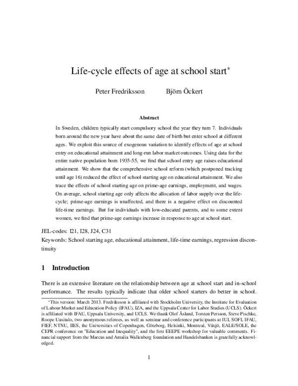 (PDF) Life-cycle Effects of Age at School Start