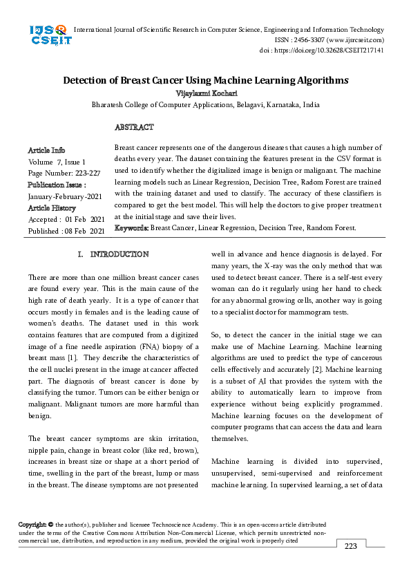 (PDF) Detection of Breast Cancer Using Machine Learning Algorithms