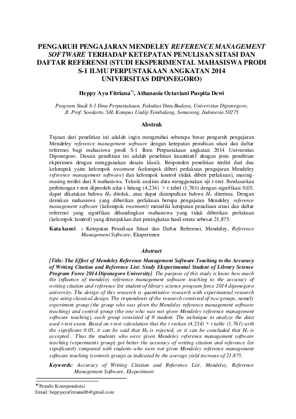 (PDF) Pengaruh Pengajaran Mendeley Reference Management Software Terhadap Ketepatan Penulisan ...