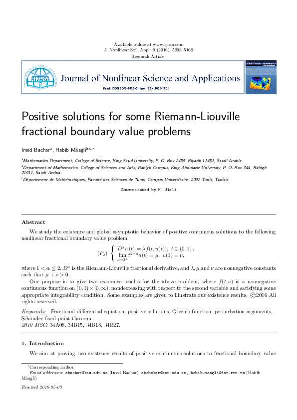 (PDF) Positive solutions for some Riemann-Liouville fractional boundary value problems