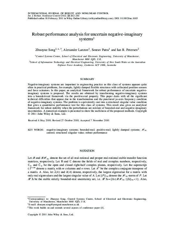 (PDF) Robust performance analysis for uncertain negative-imaginary systems