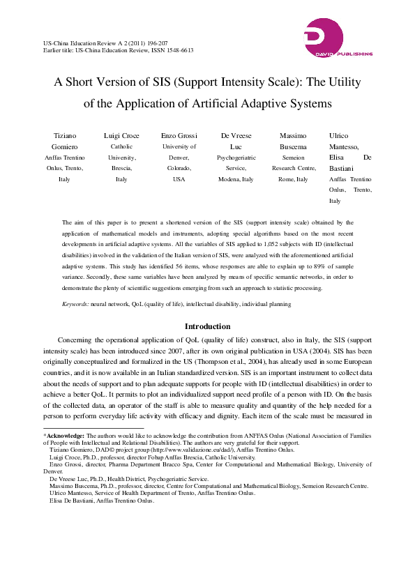 (PDF) A Short Version of SIS (Support Intensity Scale): The Utility of ...