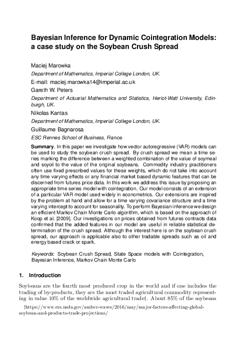 (PDF) Bayesian Inference for Dynamic Cointegration Models: a case study on the Soybean Crush Spread