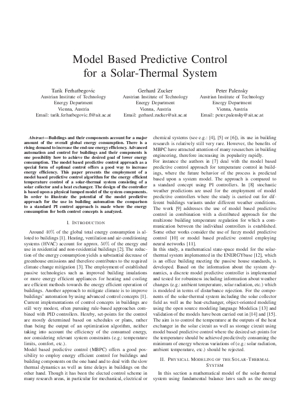 (PDF) Model based predictive control for a solar-thermal system