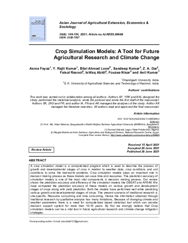(PDF) Crop Simulation Models: A Tool for Future Agricultural Research and Climate Change