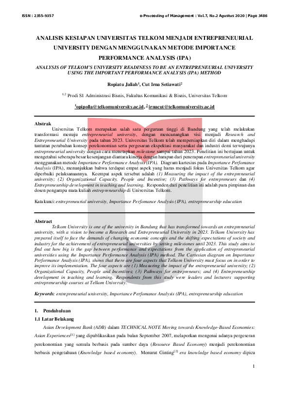 (PDF) Analisis Kesiapan Universitas Telkom Menjadi Entrepreneurial University Dengan Menggunakan ...