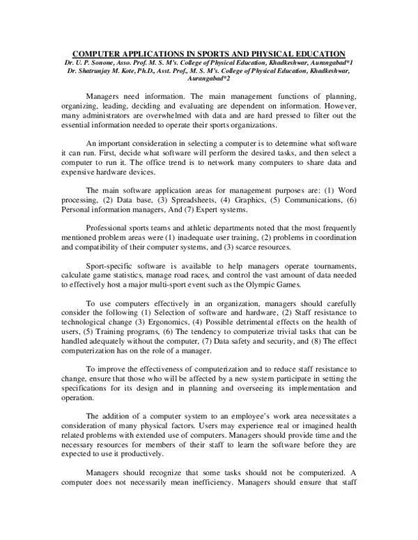 (PDF) COMPUTER APPLICATIONS IN SPORTS AND PHYSICAL EDUCATION