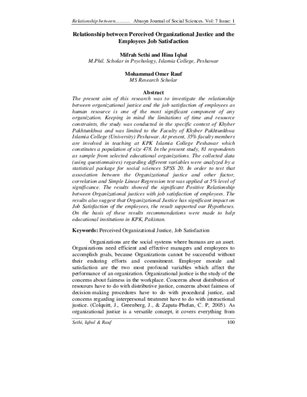 (PDF) Relationship between Perceived Organizational Justice and the Employees Job Satisfaction