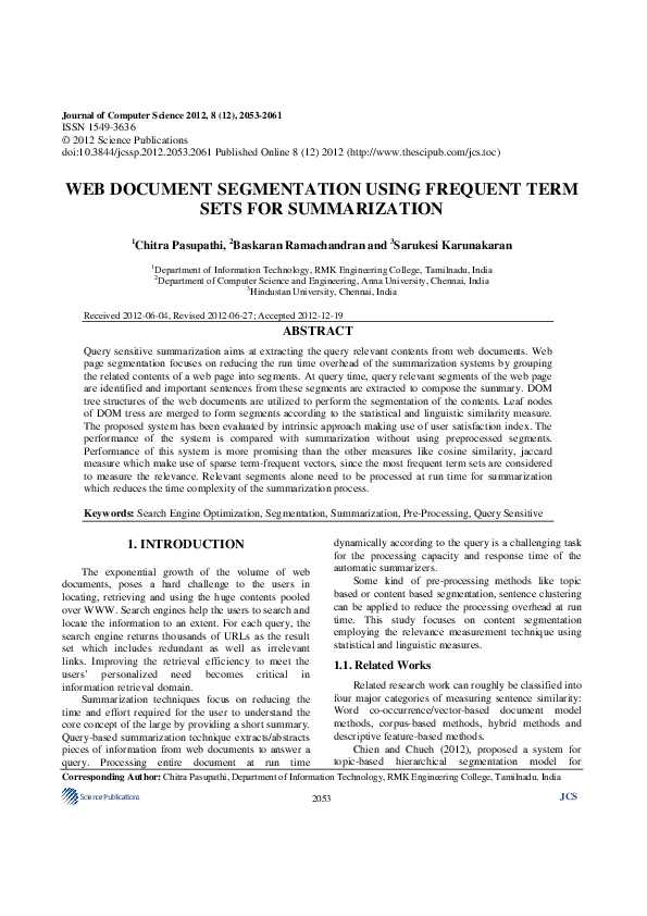 Pdf Web Document Segmentation Using Frequent Term Sets For Summarization