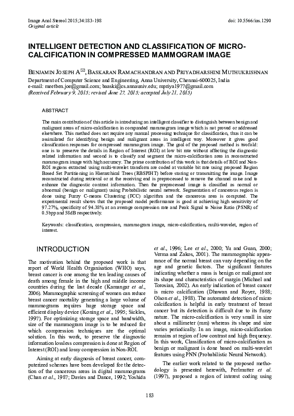Pdf Intelligent Detection And Classification Of Microcalcification In