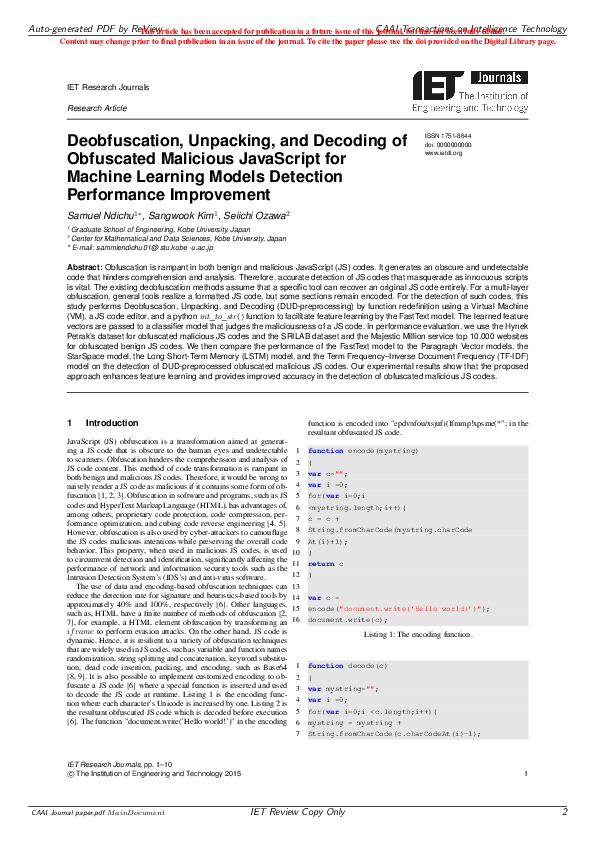 (PDF) Deobfuscation, Unpacking, and Decoding of Obfuscated Malicious JavaScript for Machine ...