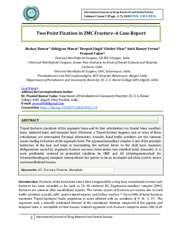 (PDF) Two Point Fixation in ZMC Fracture–A Case Report