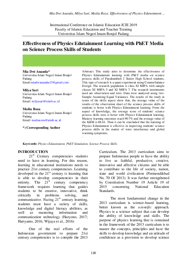 (PDF) Effectiveness of Physics Edutainment Learning with PhET Media on Science Process Skills of ...
