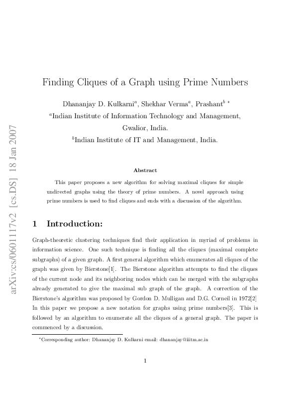 (PDF) Finding Cliques of a Graph using Prime Numbers