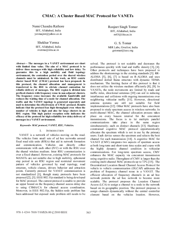(PDF) CMAC: A cluster based MAC protocol for VANETs
