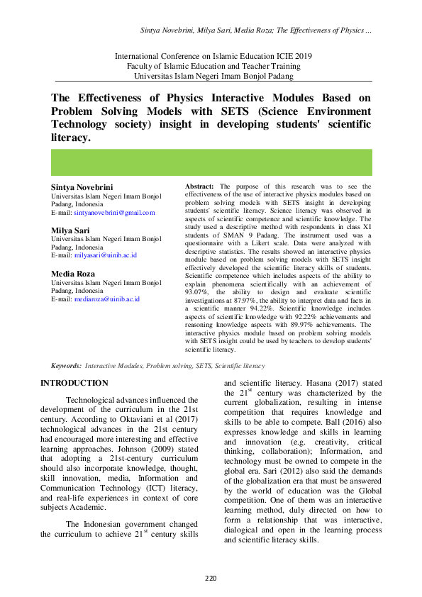 (PDF) The Effectiveness of Physics Interactive Modules Based on Problem Solving Models with SETS ...