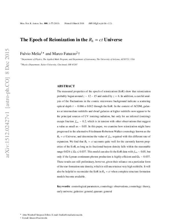 (PDF) The epoch of reionization in the R h = ct universe