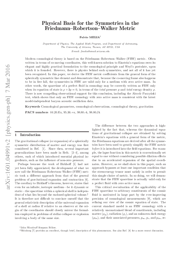 (PDF) Physical basis for the symmetries in the Friedmann–Robertson ...