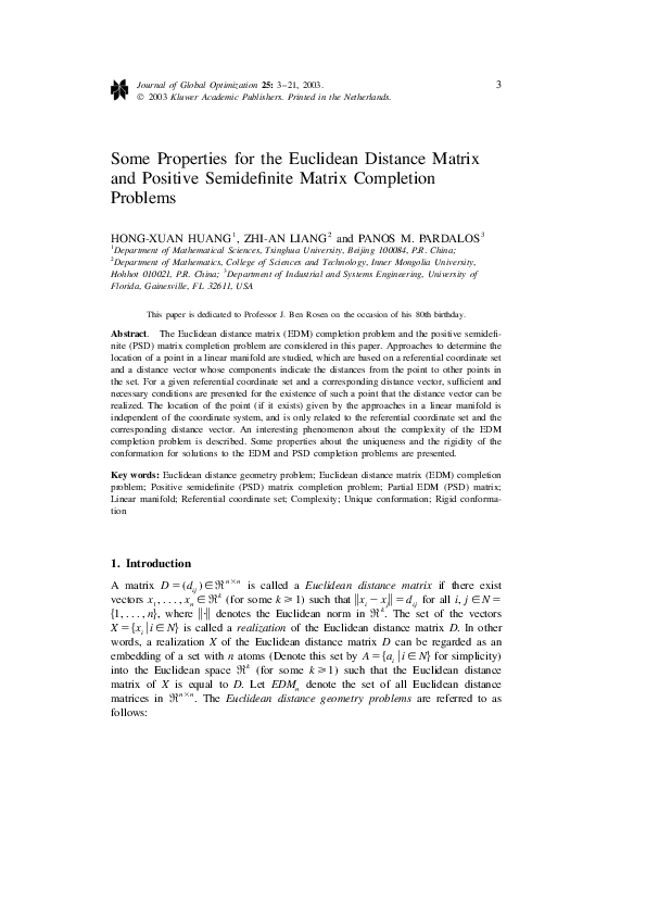 Pdf Some Properties For The Euclidean Distance Matrix And Positive Semidefinite Matrix