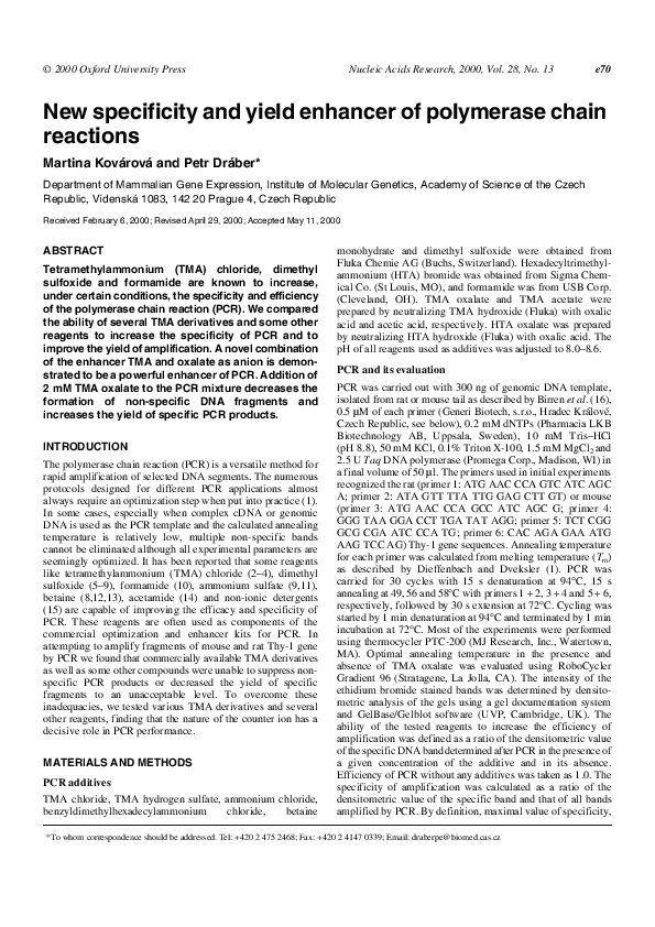 (PDF) New specificity and yield enhancer of polymerase chain reactions
