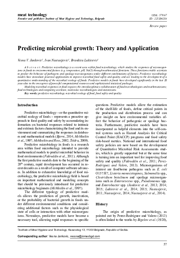 (PDF) Predicting microbial growth: Theory and Application