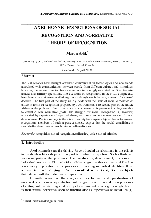 (PDF) Axel Honneth’s Notions of Social Recognition and Normative Theory ...