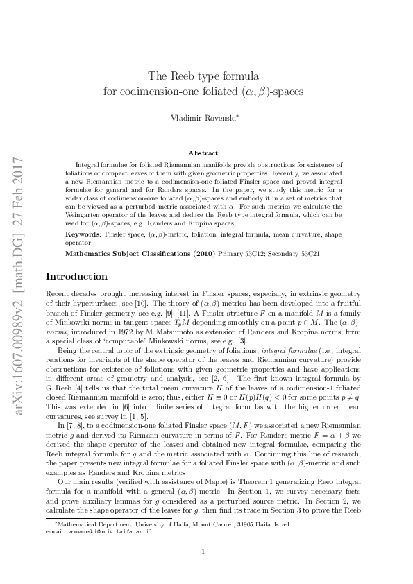 (PDF) Integral formula for codimension-one foliated $(\alpha,\beta)$-spaces