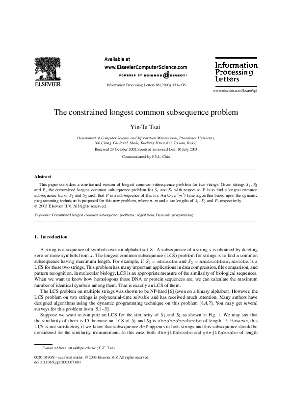 Pdf The Constrained Longest Common Subsequence Problem