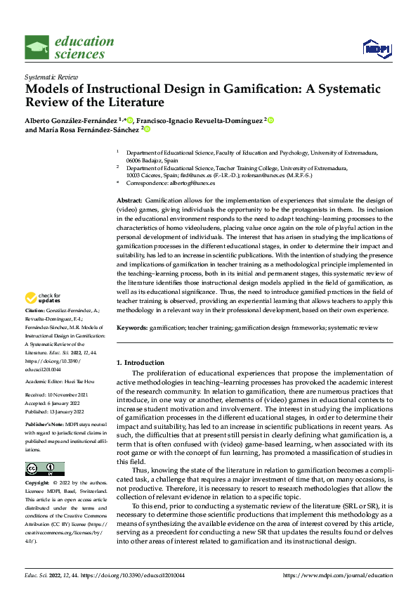 Pdf Models Of Instructional Design In Gamification A Systematic