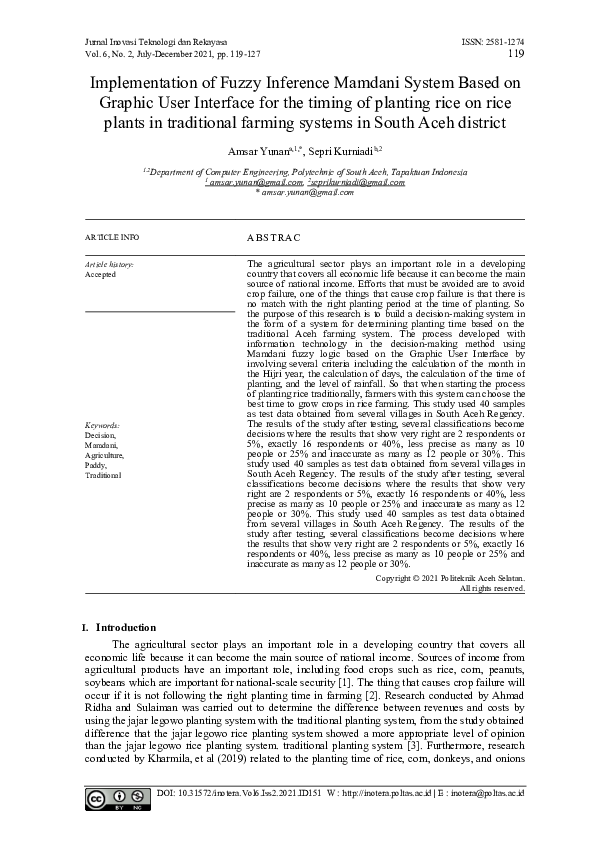 (PDF) Implementation of Fuzzy Inference Mamdani System Based on Graphic User Interface for the ...