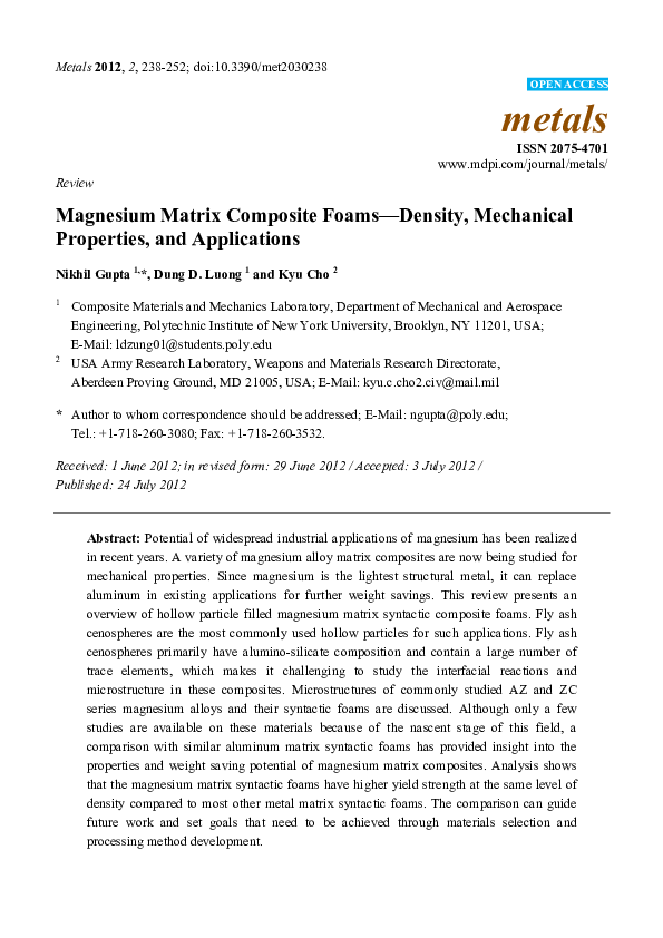 (PDF) Magnesium Matrix Composite Foams—Density, Mechanical Properties ...