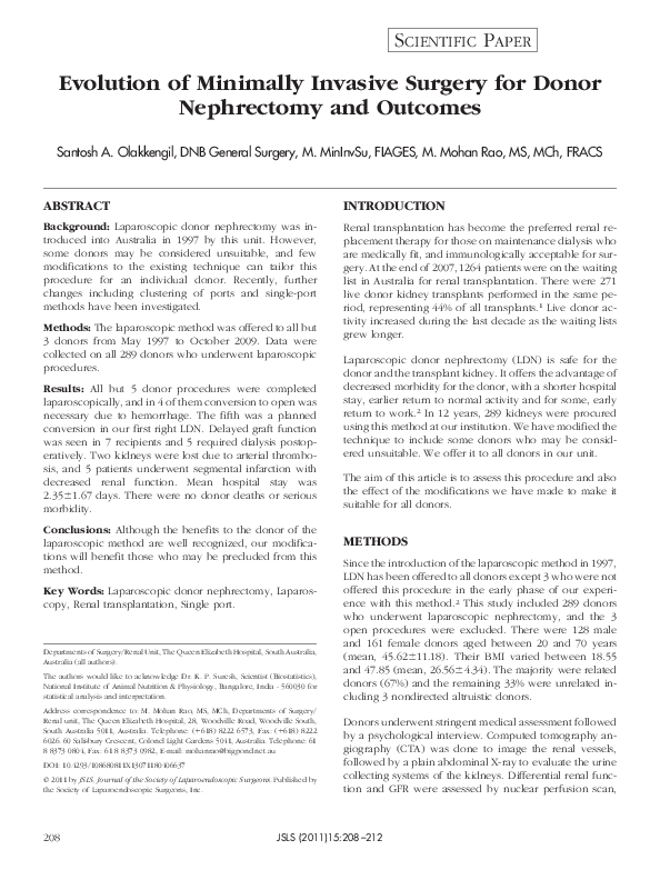 (PDF) Evolution of Minimally Invasive Surgery for Donor Nephrectomy and ...
