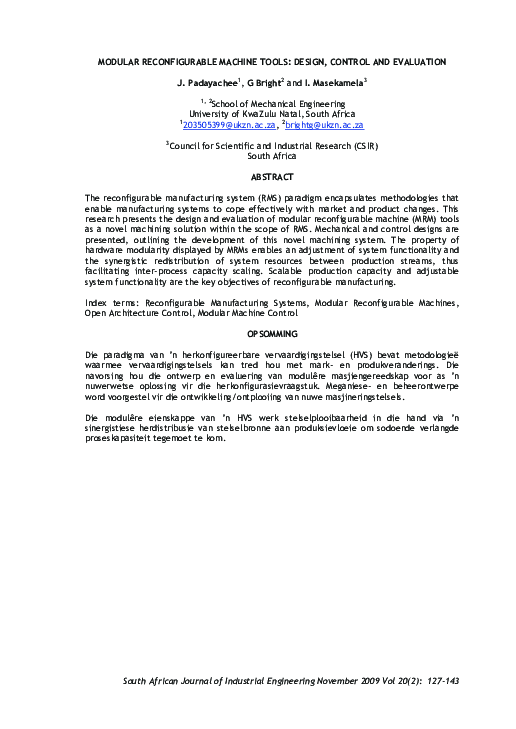 Pdf Modular Reconfigurable Machine Tools Design Control And Evaluation