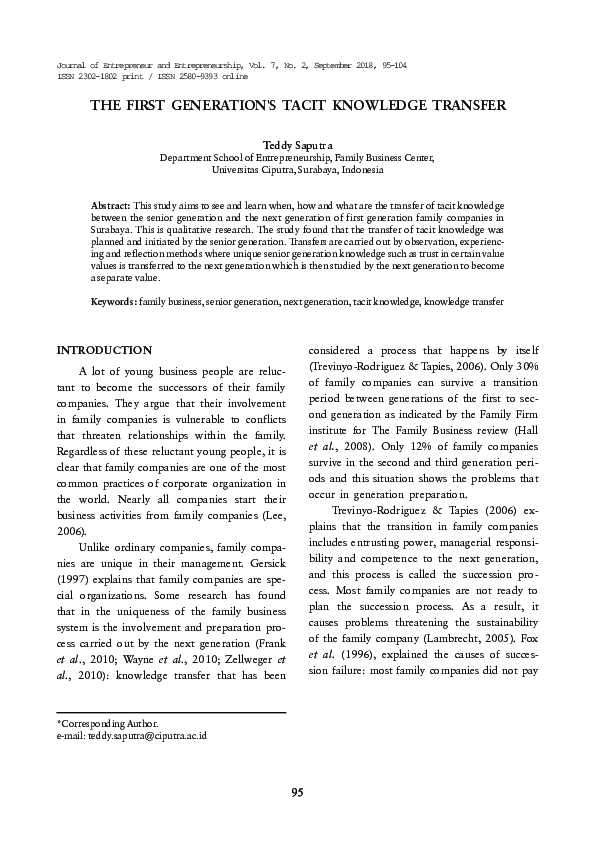 (PDF) The First Generation's Tacit Knowledge Transfer