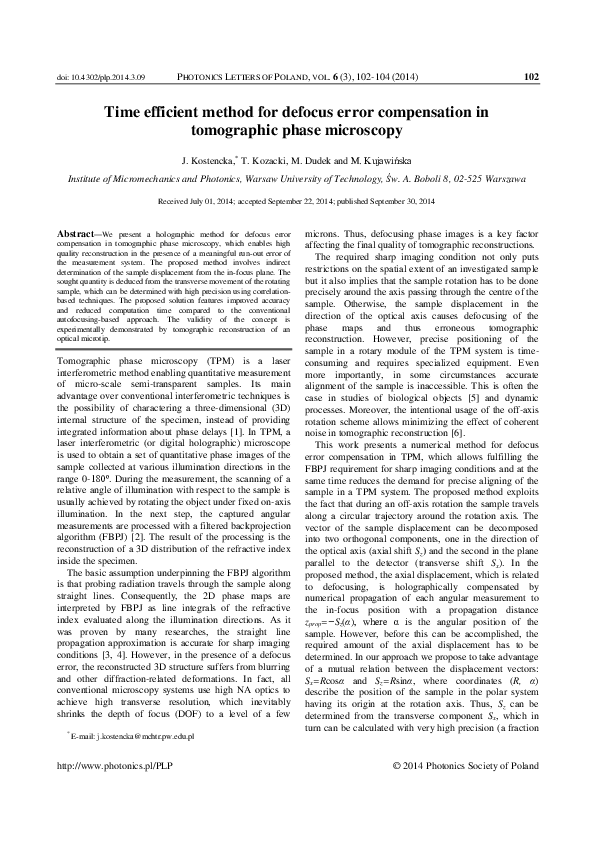 (PDF) Time efficient method for defocus error compensation in ...
