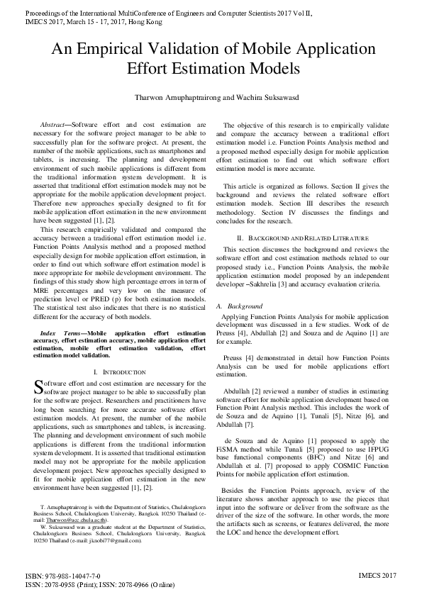 (PDF) An Empirical Validation of Mobile Application Effort Estimation Models