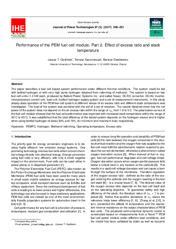 (PDF) Performance of the PEM fuel cell module. Part 2. Effect of excess ...