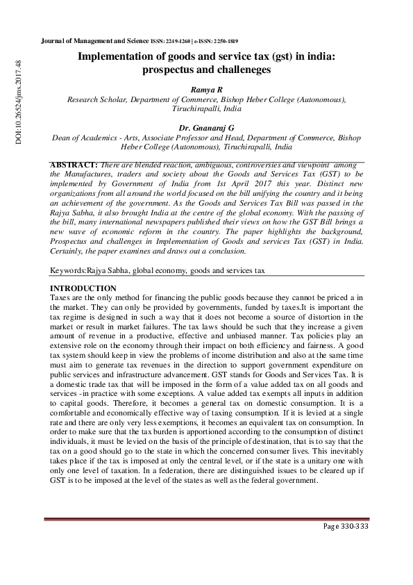 (PDF) Implementation of Goods and Service Tax (GST) in India and its ...