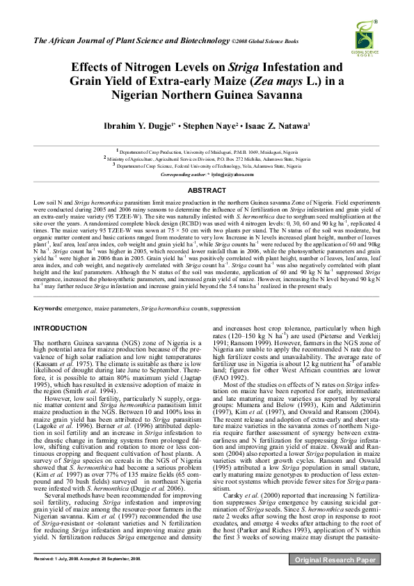 (PDF) Effects of Nitrogen Levels on Striga Infestation and Grain Yield ...