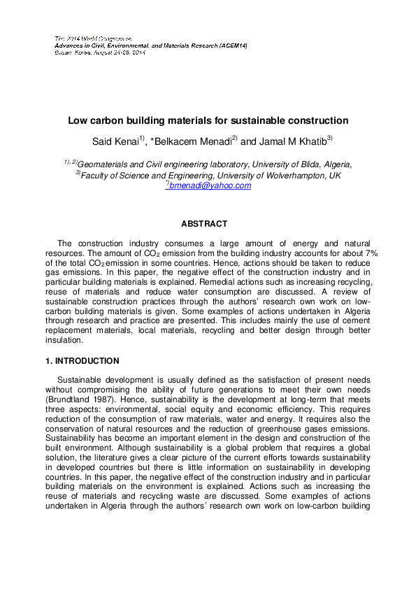 (PDF) Low carbon building materials for sustainable construction