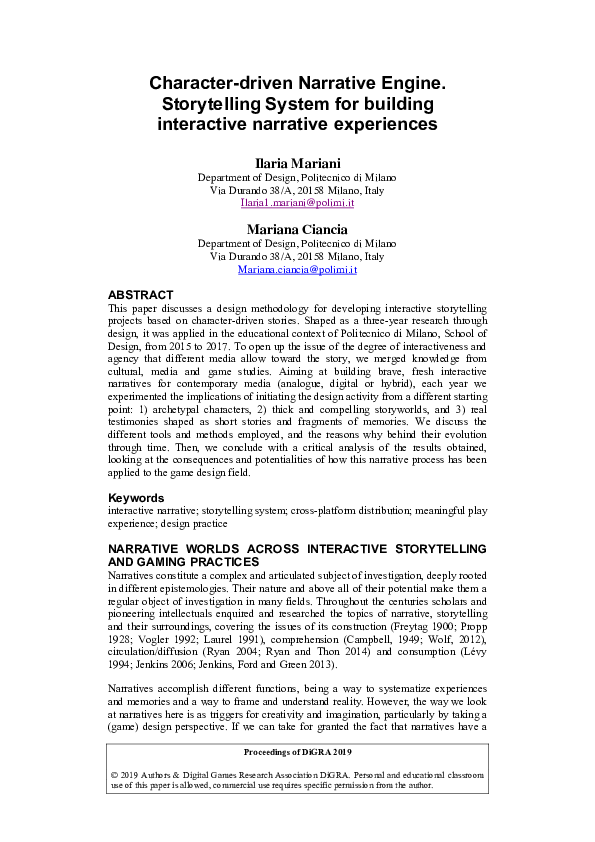 (PDF) Character-driven Narrative Engine. Storytelling System for ...