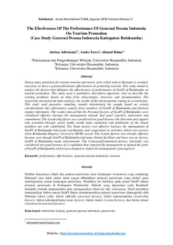 (PDF) The Efectiveness Of The Performance Of Generasi Pesona Indonesia ...